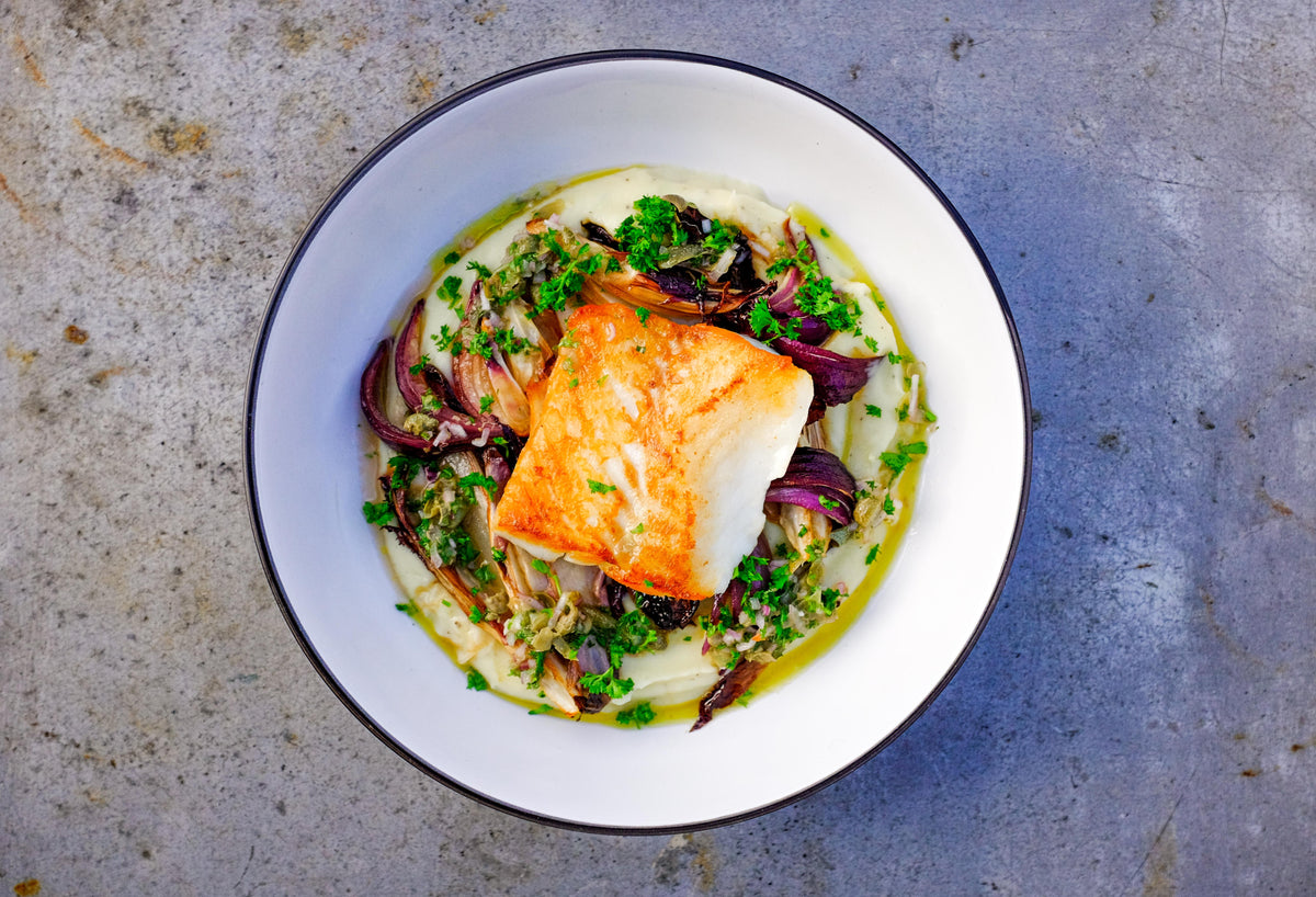 Pan fried Cod, roast veg, parsnip puree + shallot and caper vinagrette ...